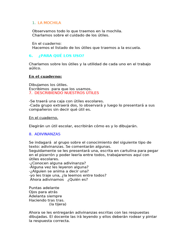 Adivinanzas de Útiles Escolares | PDF