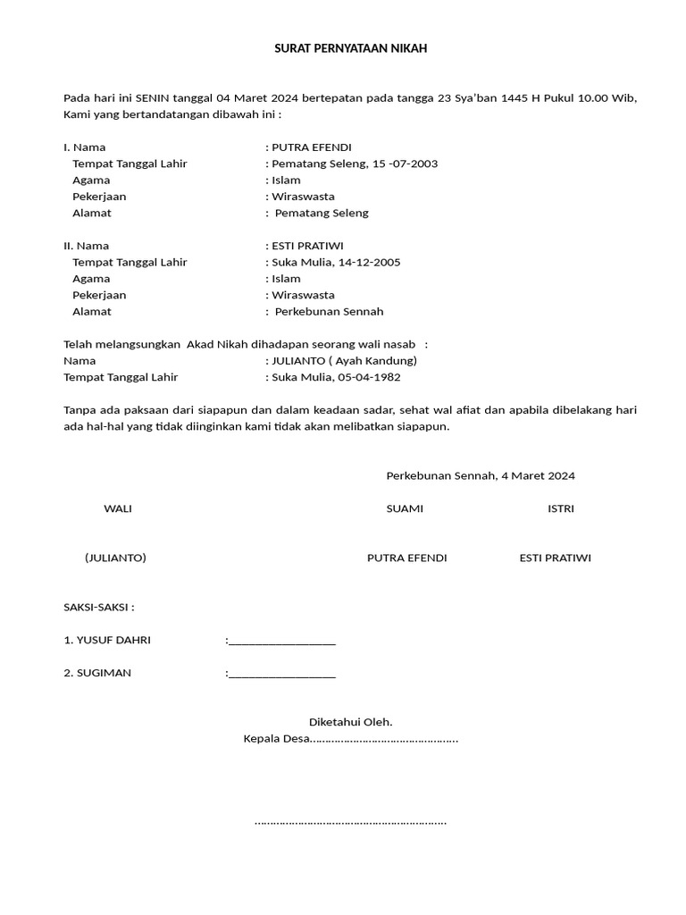 Surat Pernyataan Nikah Siri 2024 | PDF