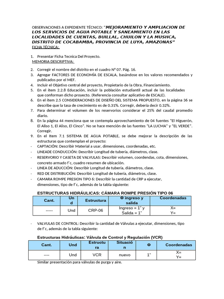 Observaciones A Expediente Técnico Cocabamba | PDF | Presupuesto | Tubería (transporte de fluidos)