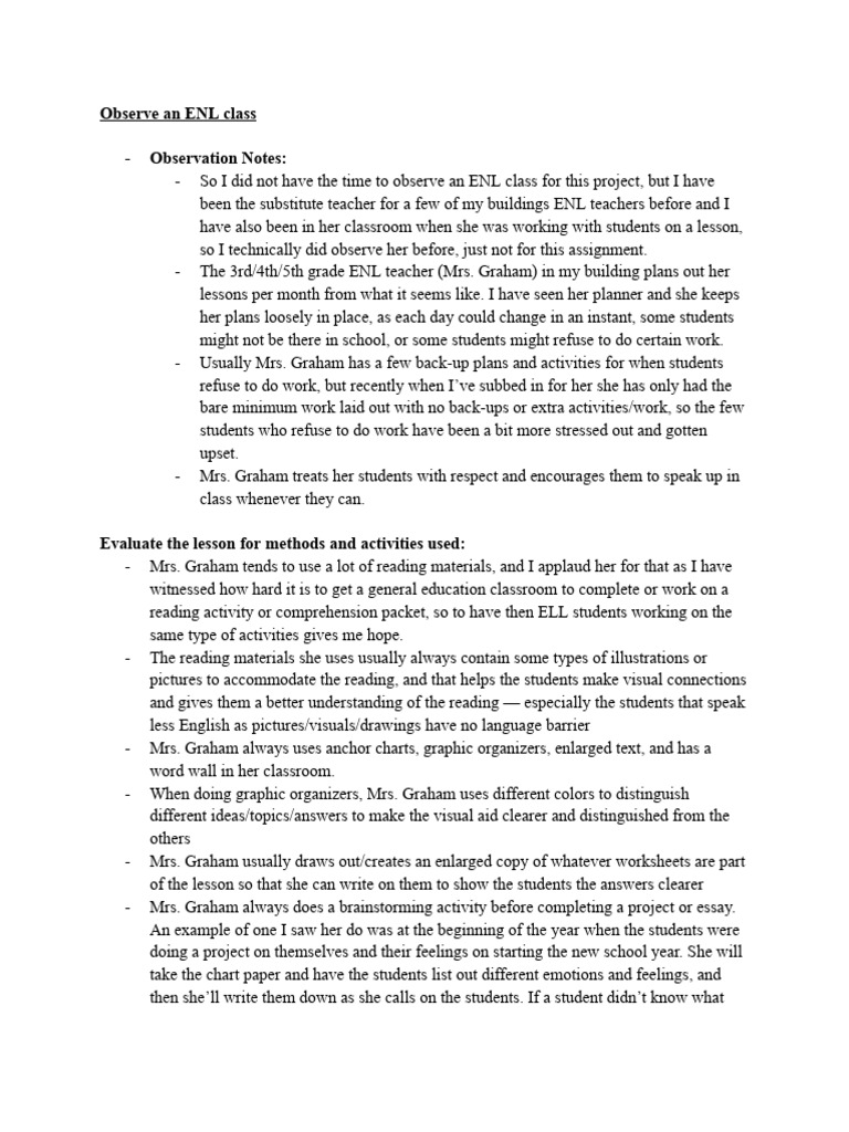 ENL Class Observation Insights | PDF | English As A Second Or Foreign ...