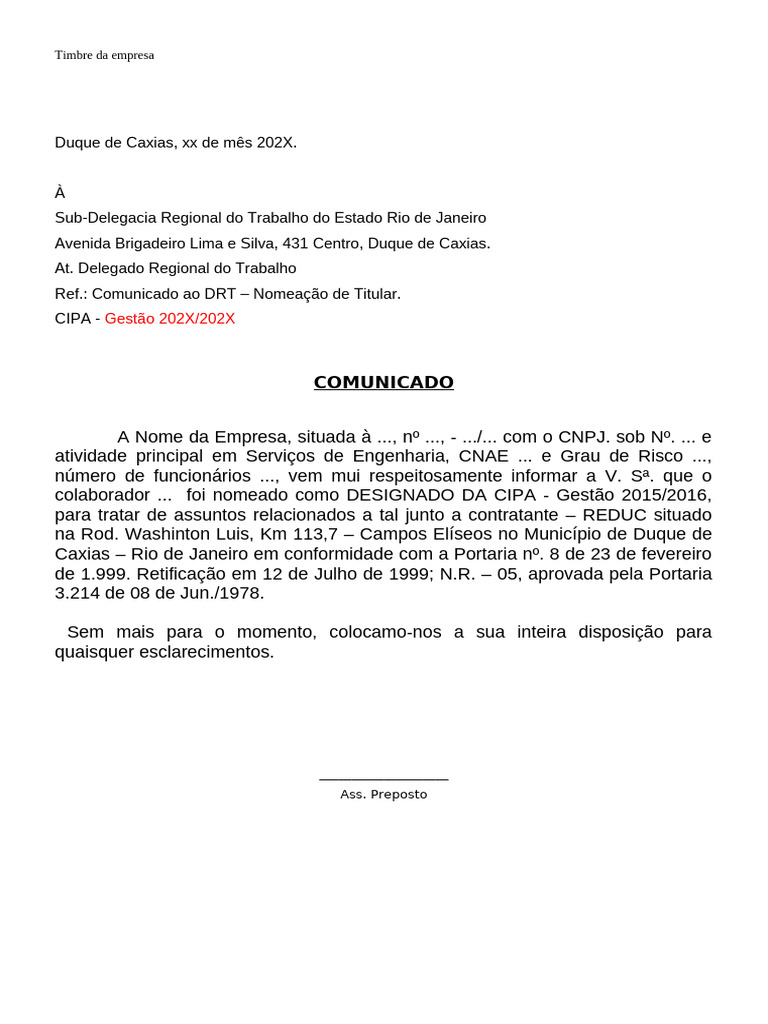 021 - CIPA Modelo de Carta Designado CIPA - 2025. REV01 | PDF