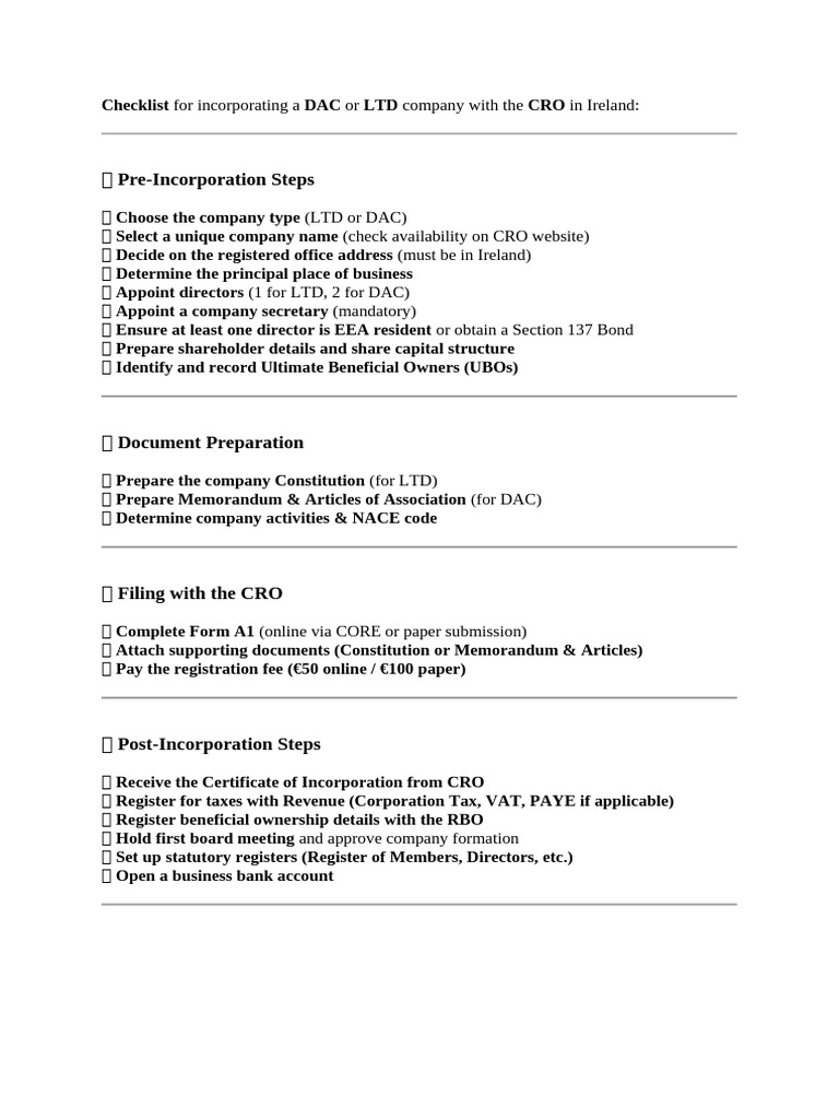 Checklist For Incorporating A DAC or LTD Company | PDF