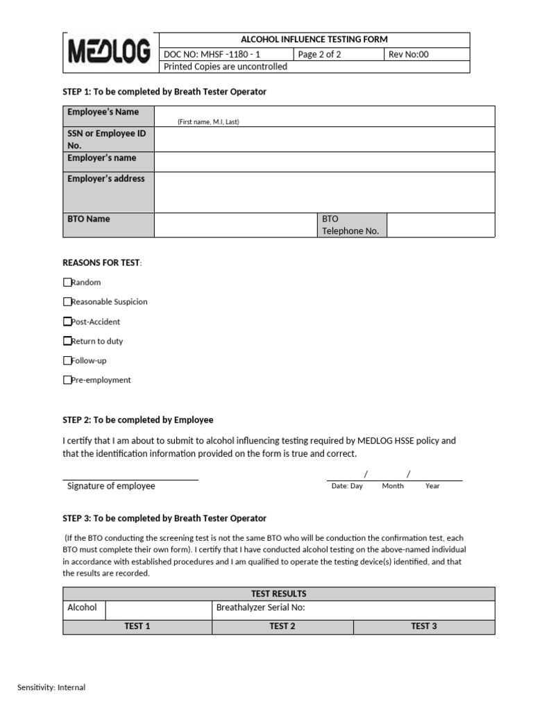 Alcohol Influence Testing Form | PDF | Driving Under The Influence