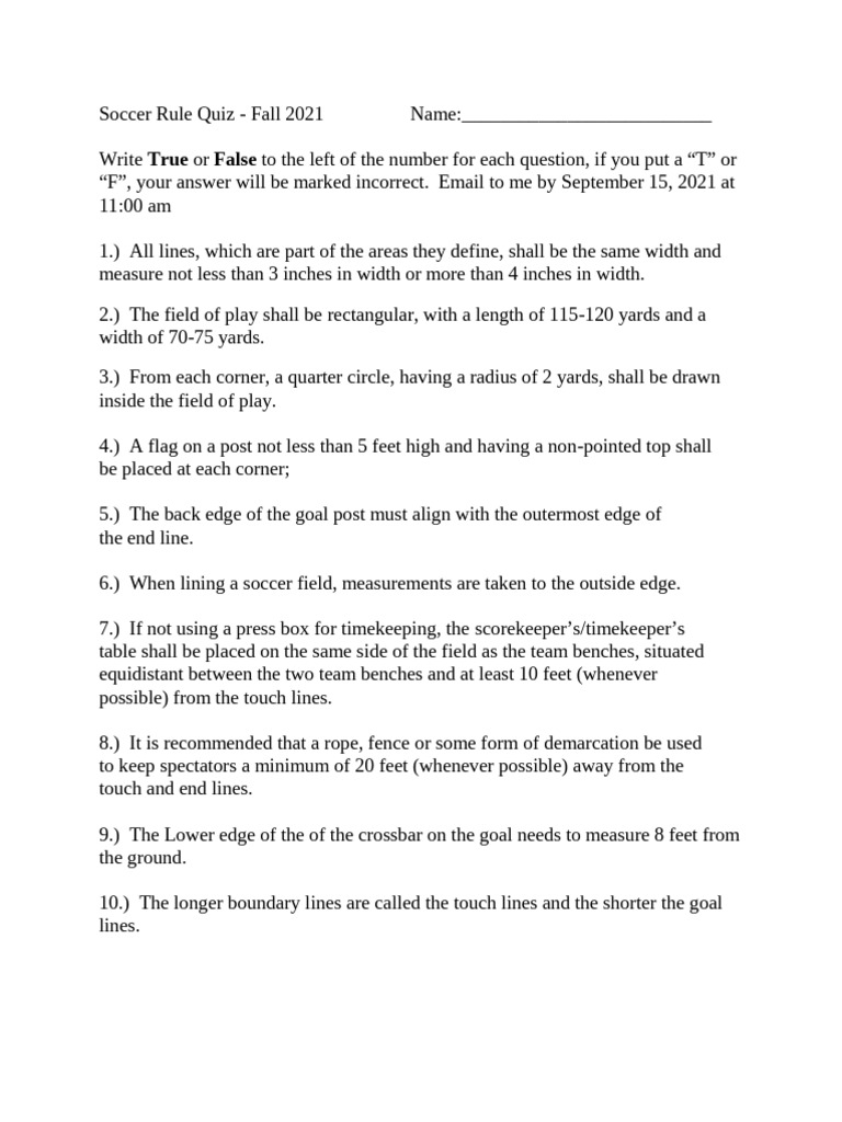 Soccer Rule Quiz Spring 22 | PDF