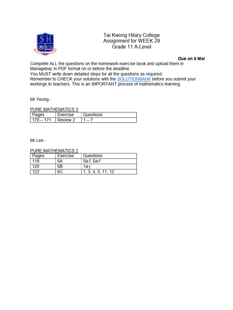 Grade 11 A-Level Math Homework Guide | PDF