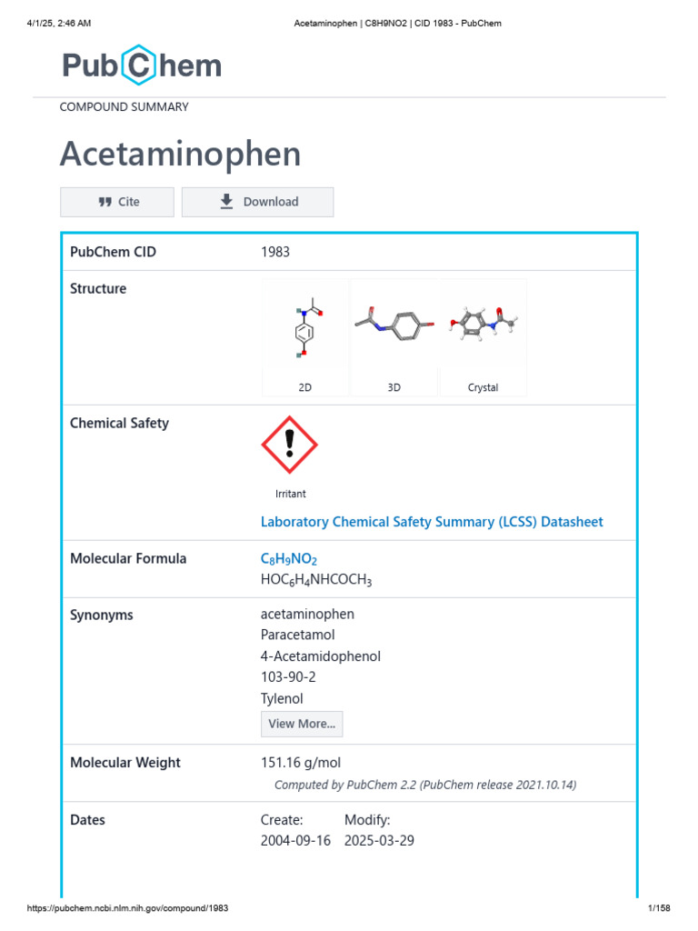 Acetaminophen _ C8H9NO2 _ CID 1983 - PubChem | PDF