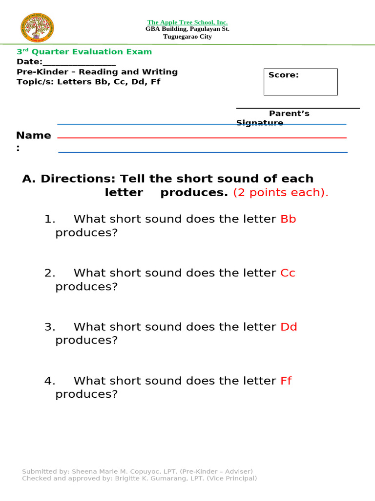 Pre-Kinder 3rd Quarter Evaluation Exam | PDF | Linguistics