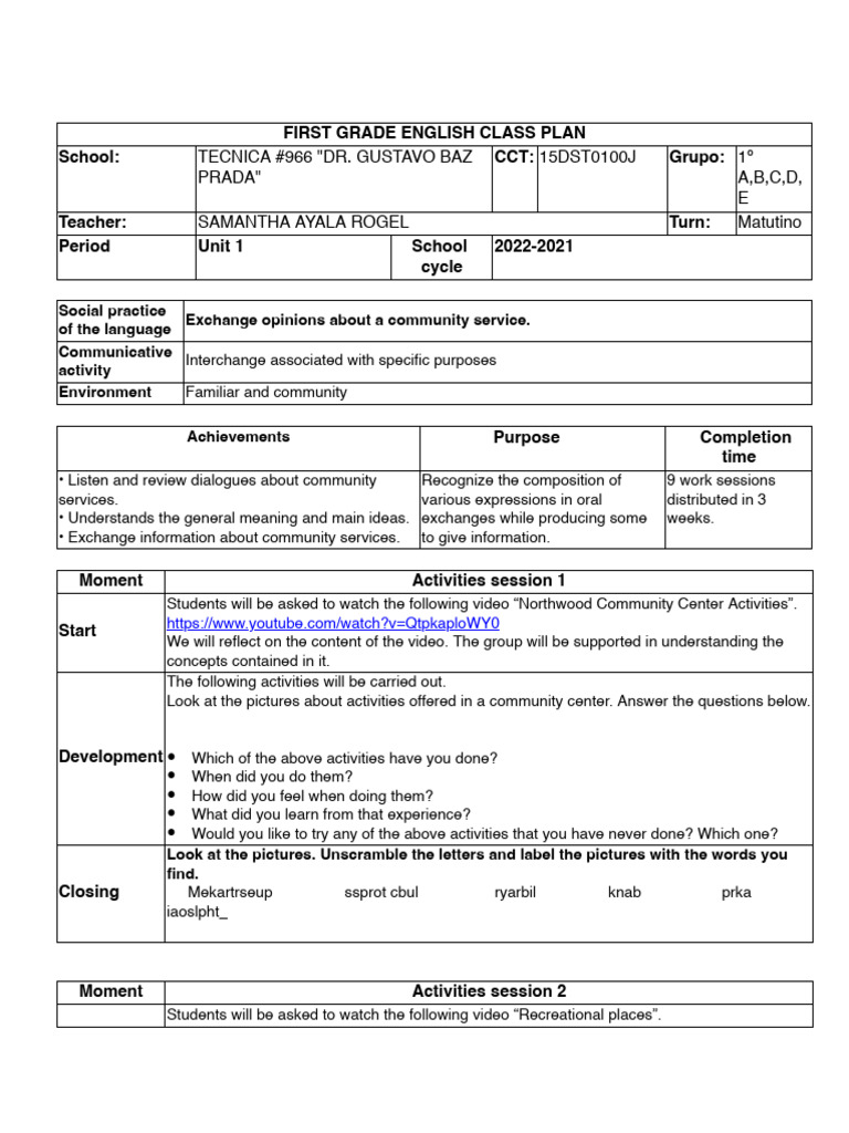 First Grade English Class Plan: Community Services | PDF | Aesop | Fable