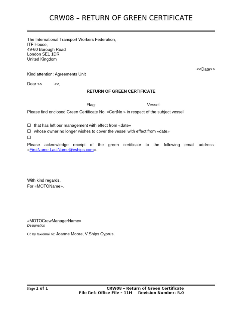 crw08 - Return of Green Certificate | PDF