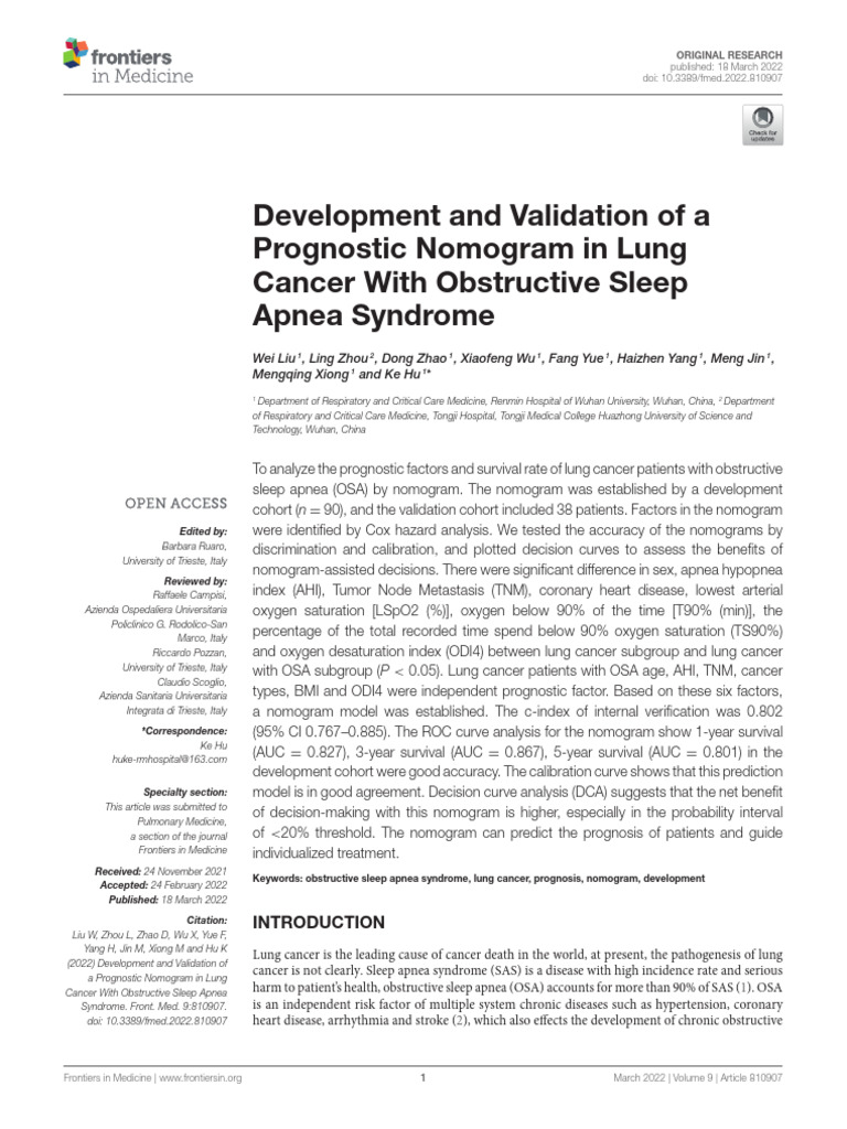 Development and Validation of A Prognostic Nomogram in Lung Cancer With Obstructive Sleep Apnea ...