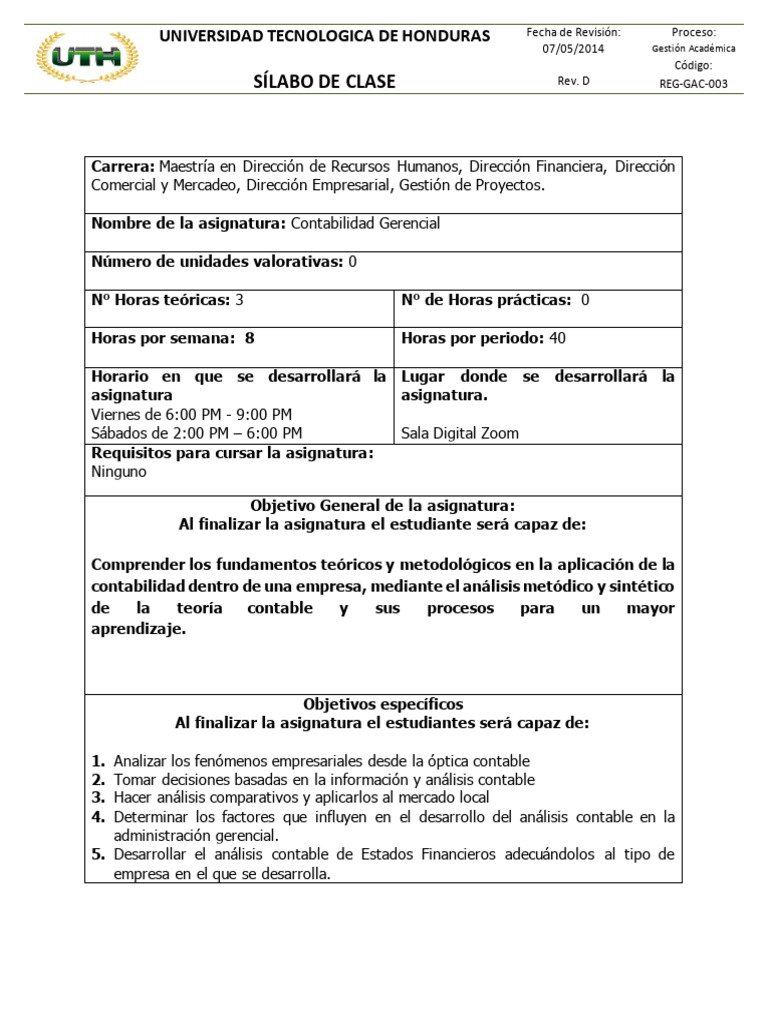 Sílabo Contabilidad Gerencial UTH | PDF | Contabilidad | Business