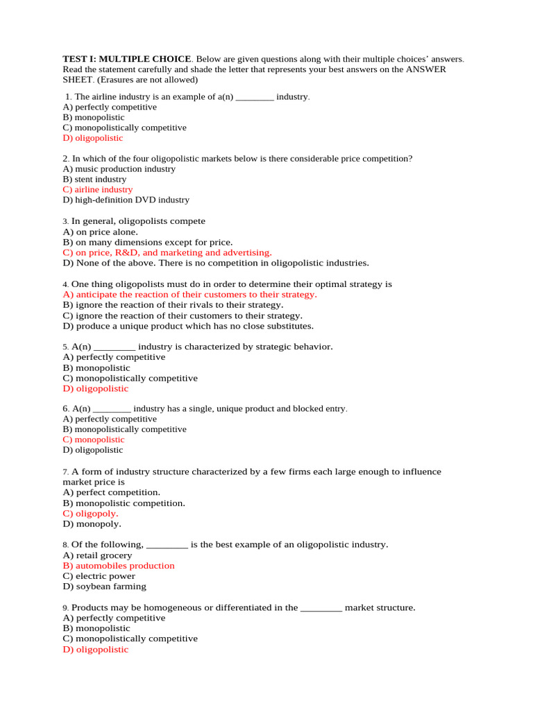 Module 10 Oligopoly Quiz Key Answer | PDF | Oligopoly | Monopoly