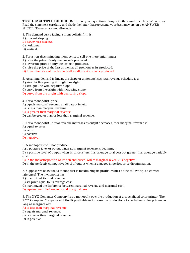 Module 8 Monopoly Quiz Key Answer | PDF | Monopoly | Profit (Economics)