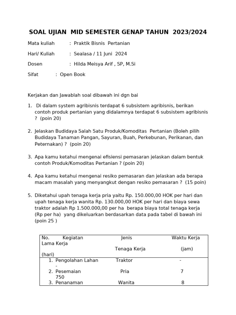 SOAL UJIAN MID Rancangan Dan Praktek Usaha Agribisnis Pertanian SEMESTER GENAP TAHUN 2024 | PDF
