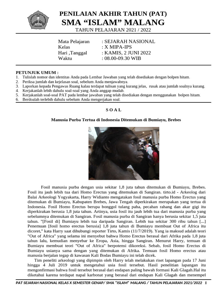 Kop Soal Pat Sejarah Indonesia 2021-2022 | PDF