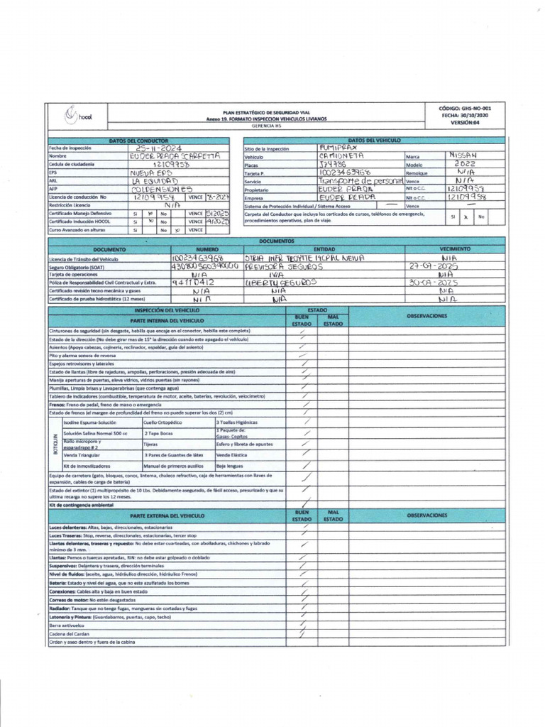 7.inspeccion Vehiculo Camioneta Jzy 786. | PDF