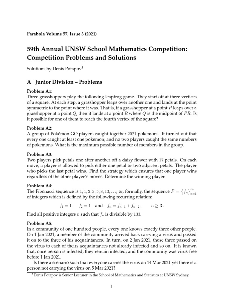 2021 UNSW Math Competition Problems and Answers | PDF | Mathematics