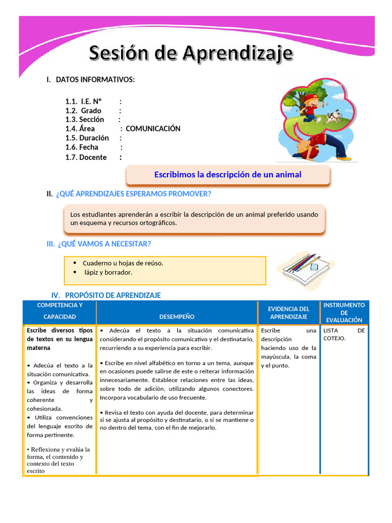 D3 A2 SESION COM - Escribimos La Descripción de Un Animal | PDF