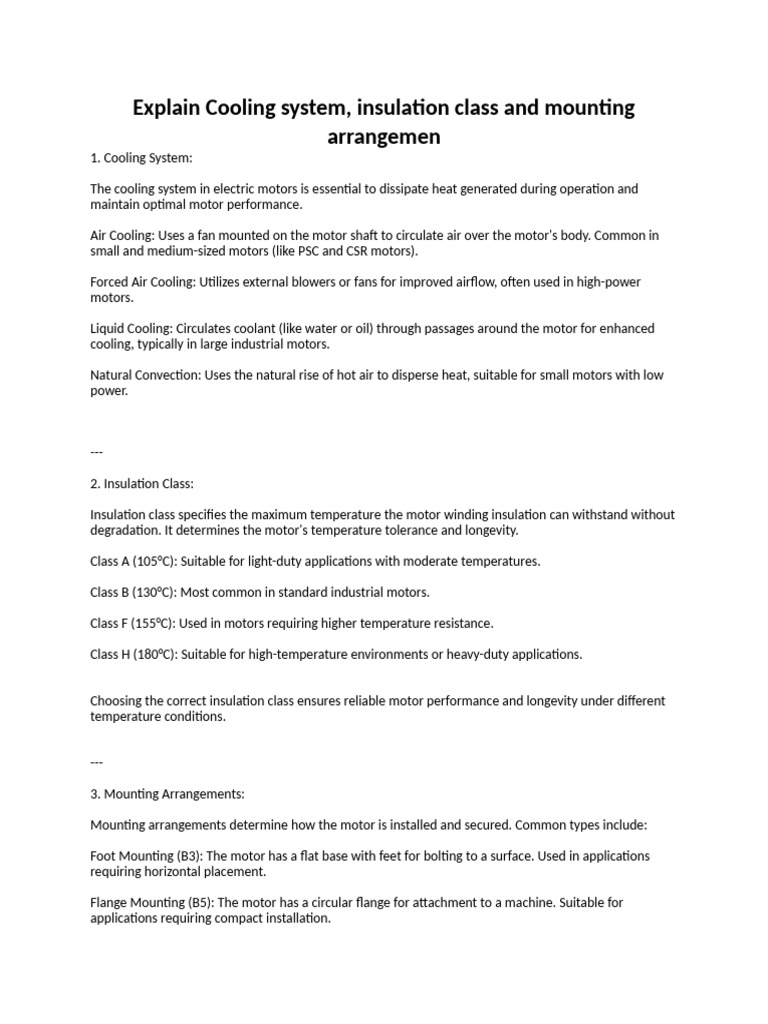 Explain Cooling System, Insulation Class and Mounting Arrangemen | PDF