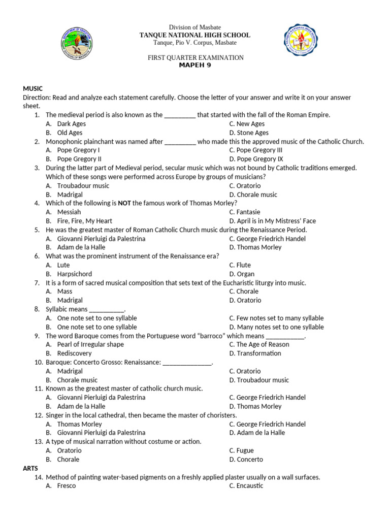MAPEH 9 First Quarter Exam Guide | PDF | Egyptian Pyramids