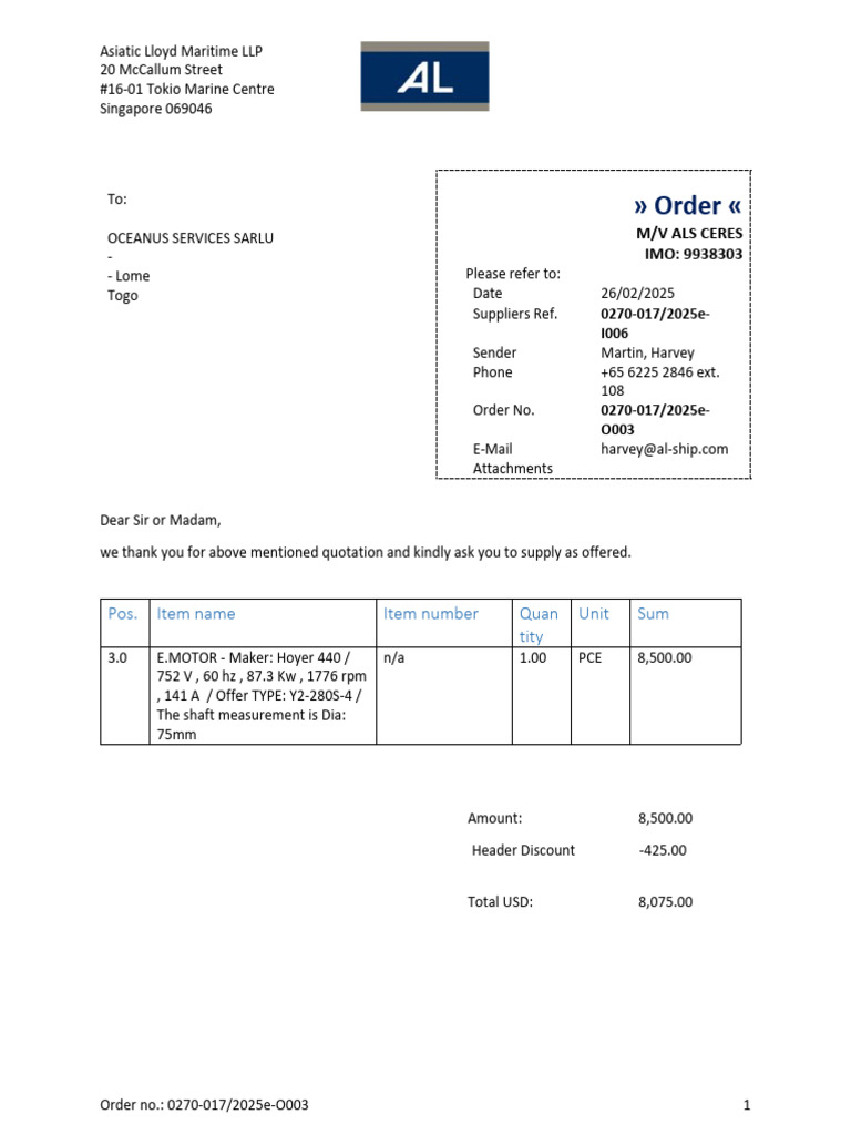 SINGAPORE Vessel Order Template - Asiatic Lloyd COINV - Port - 0270-017 ...