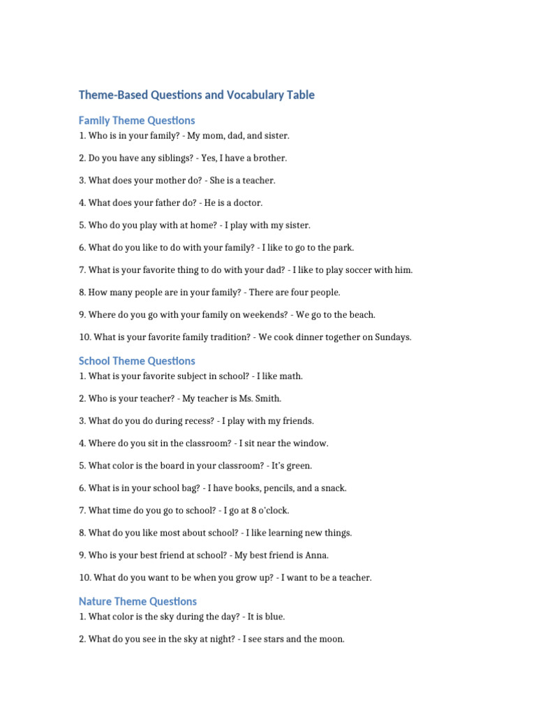 First Grade Theme Questions and Vocabulary Table | PDF
