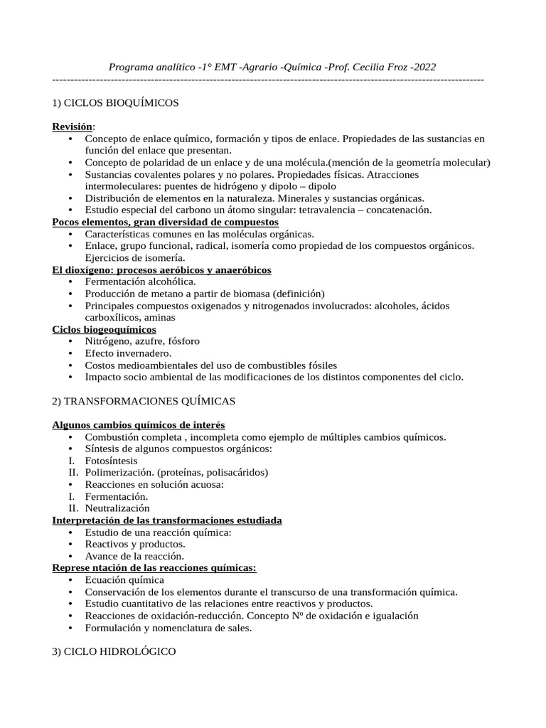 Programa Analítico 1o EMT | PDF | Química | Compuestos orgánicos