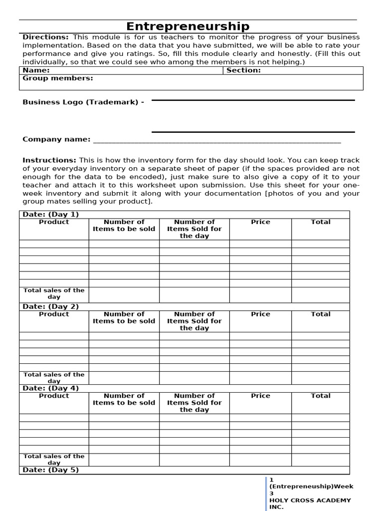 Entrepreneurship Final Worksheet | PDF | Prices | Inventory