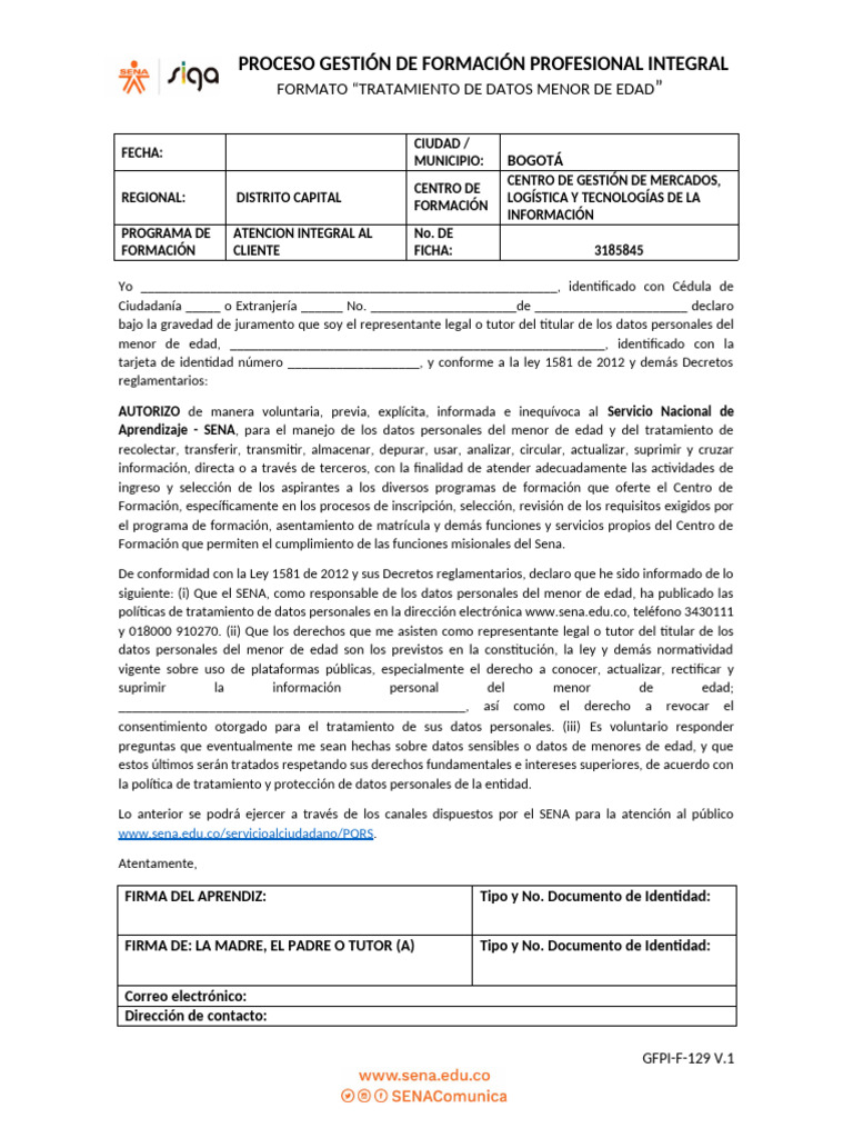 GFPI-F-129 Formato Tratamiento de Datos Menor de Edad | PDF