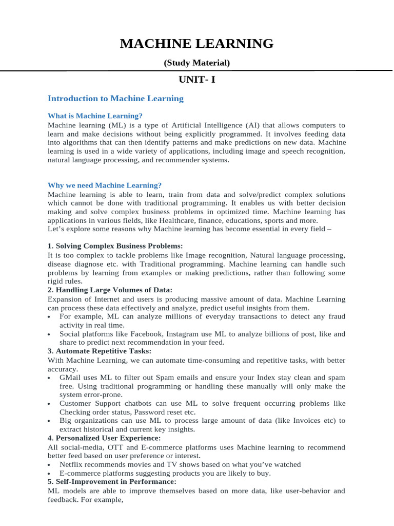 Machine Learning Uint I & Ii | PDF | Machine Learning | Matrix ...