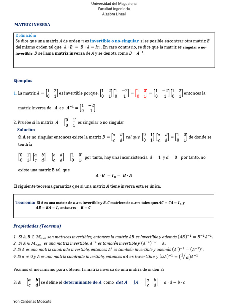 Matriz Inversa | PDF | Matriz (Matemáticas) | Álgebra lineal