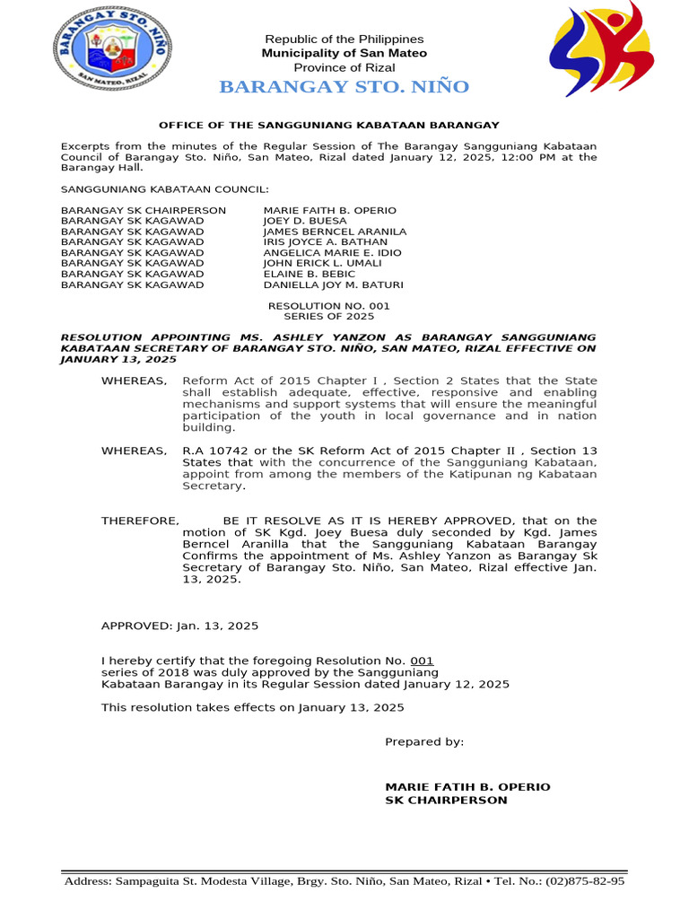SK Secretary Appointing Resolution | PDF | Youth | Youth Organizations