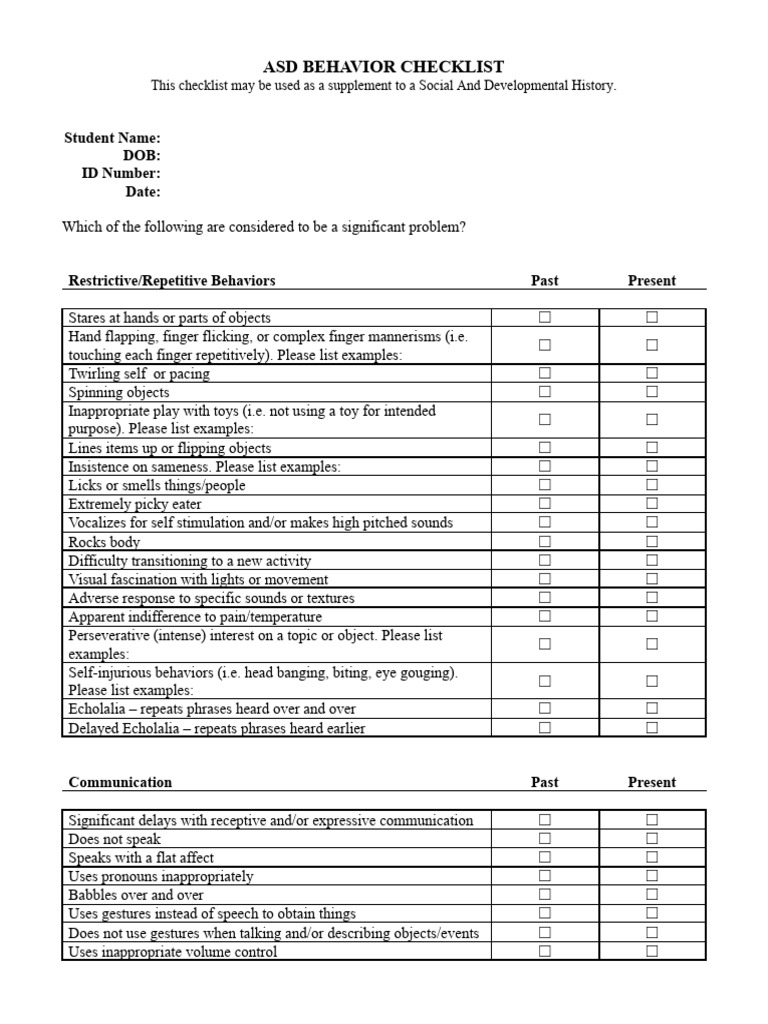 ASD Behavior Checklist Update | PDF | Autism | Nonverbal Communication