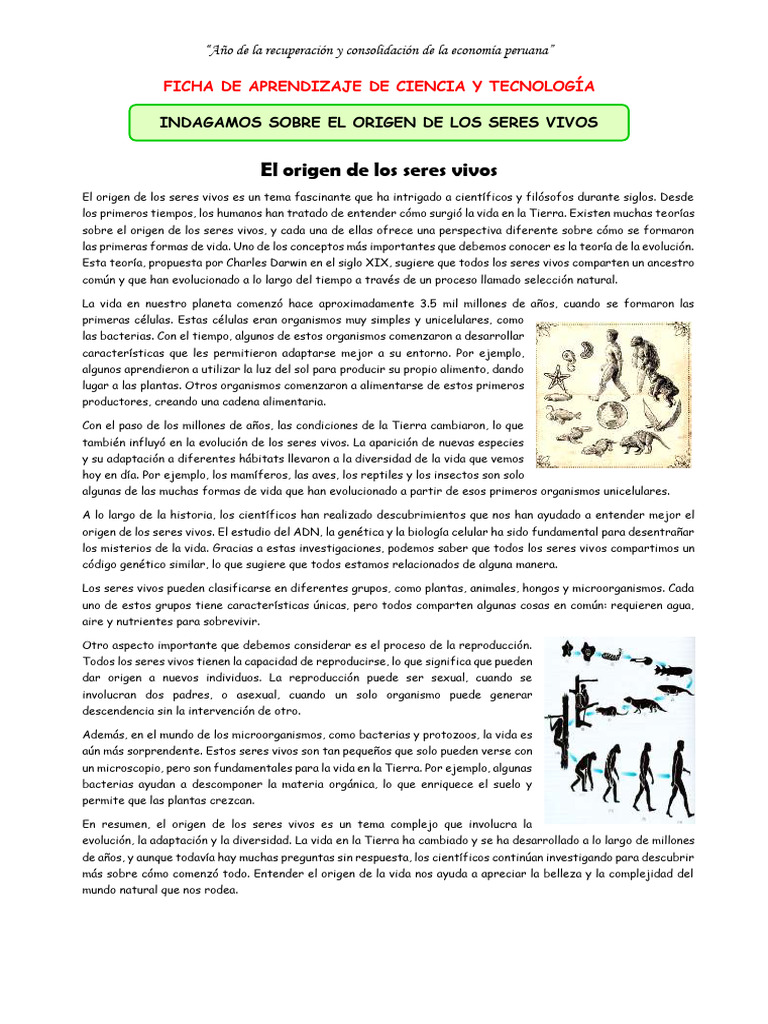 Ficha-Cyt-Indagamos Sobre El Origen de Los Seres Vivos | PDF | Reproducción | Evolución