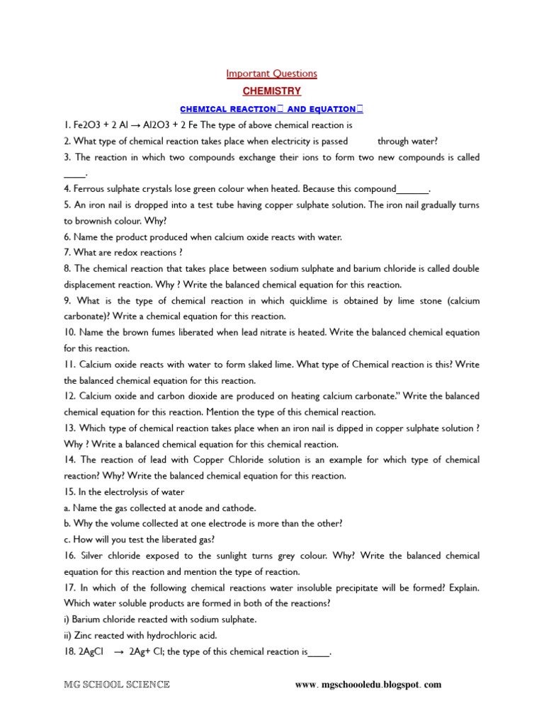Chemistry Important Questions | PDF | Acid | Chemical Reactions