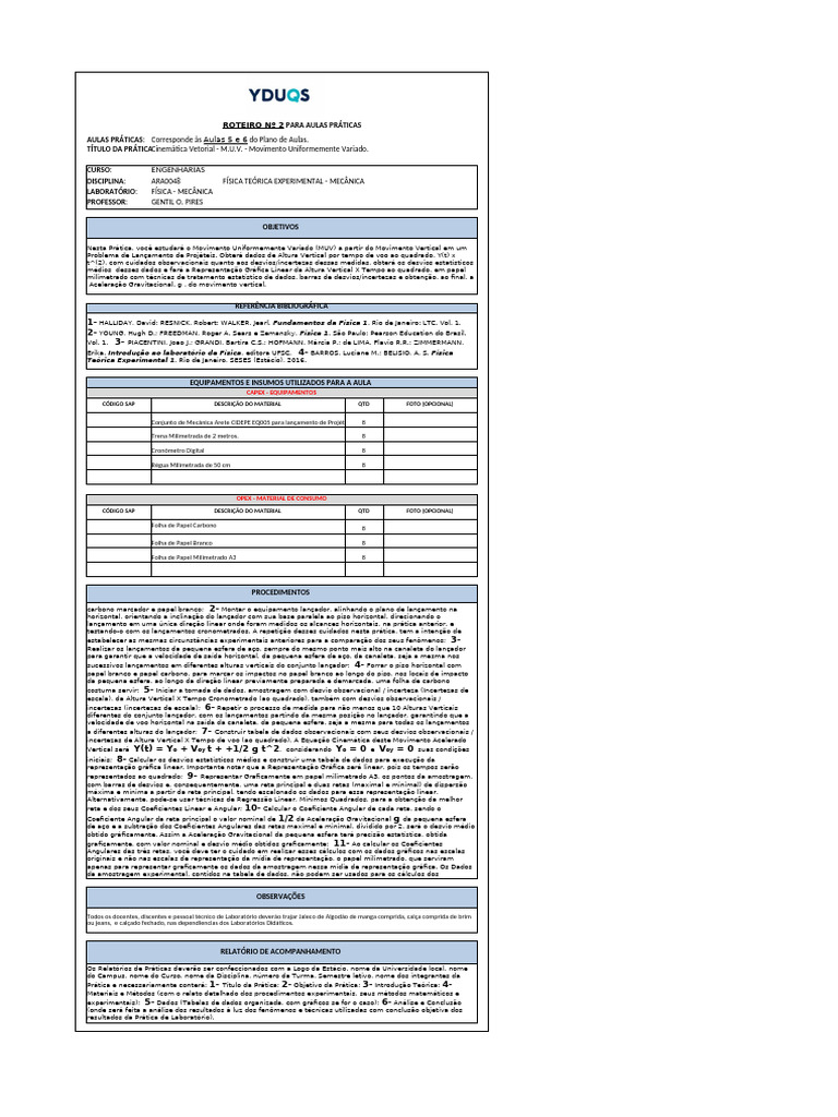 Roteiro de Pra - Tica 2 FisTeoExpMec | PDF | Linha (Geometria) | Cinemática