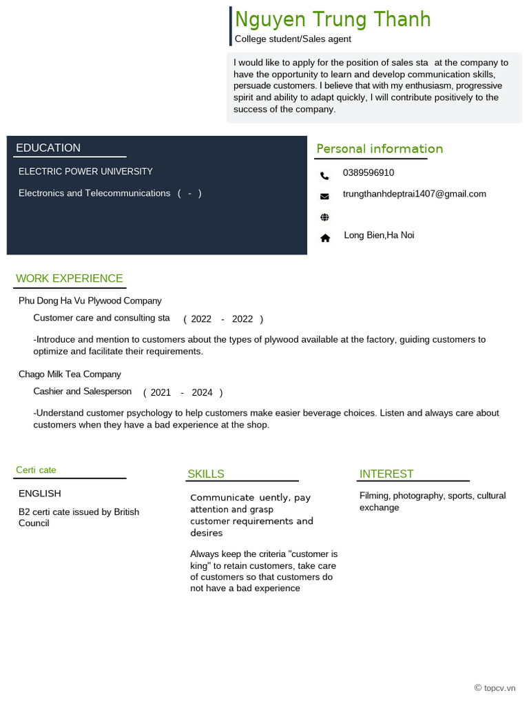 CV Nguyen Trung Thanh - Trung ThànhCV-TopCV - VN | PDF | Communication