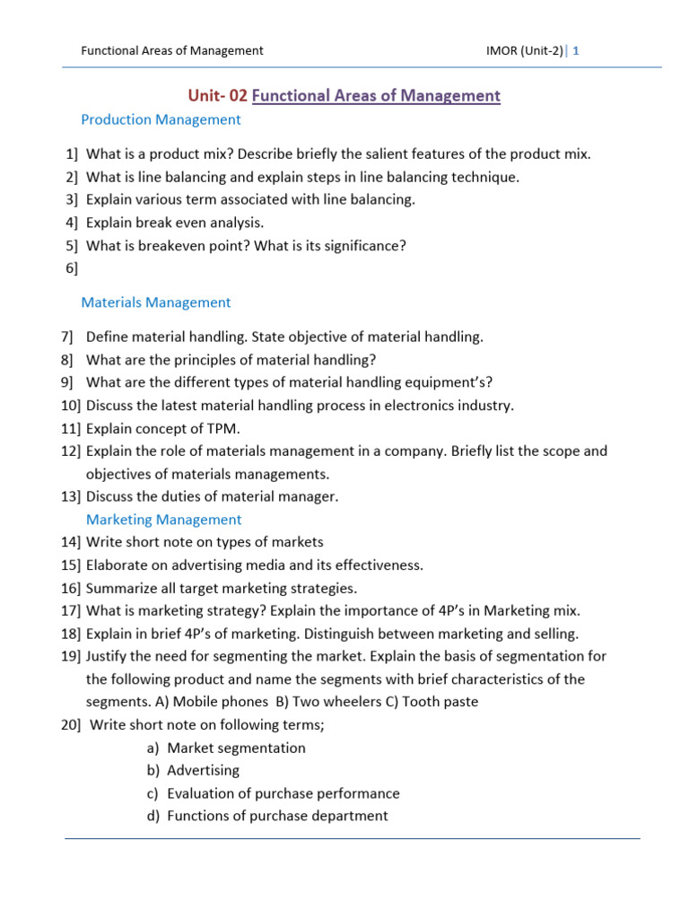 Unit 02 Functional Areas of Management | PDF