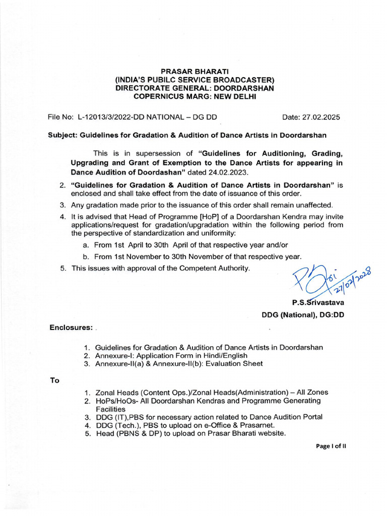 DD Letter DT 27-02-2025 Guidelines For Gradation Audition of Dance Artists in Doordarshan | PDF ...