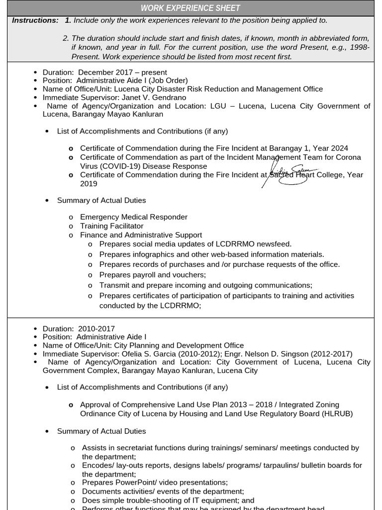 CS Form No. 212 Attachment - Work Experience Sheet | PDF
