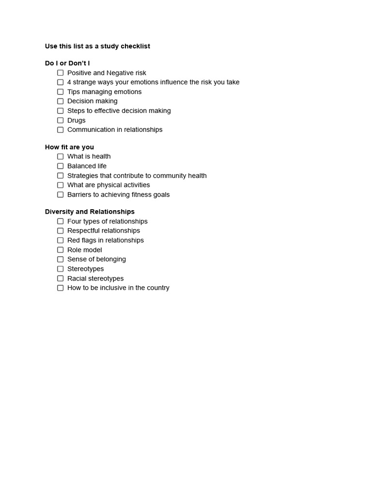 Year 8 Exam Study Check List | PDF