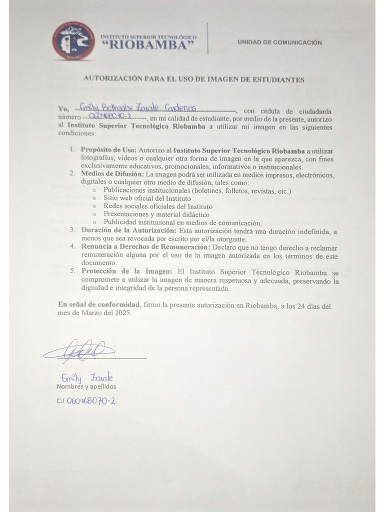 Autorización de Imagen Emily Zarate | PDF