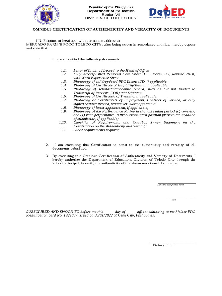 Omnibus Certification of Authenticity and Veracity of Documents 2 | PDF ...