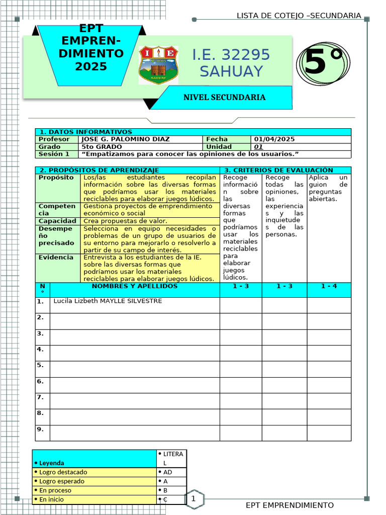 5º COTEJO SEM 1 UNI 1 - EPT EMPRENDIMIENTO 2025 | PDF