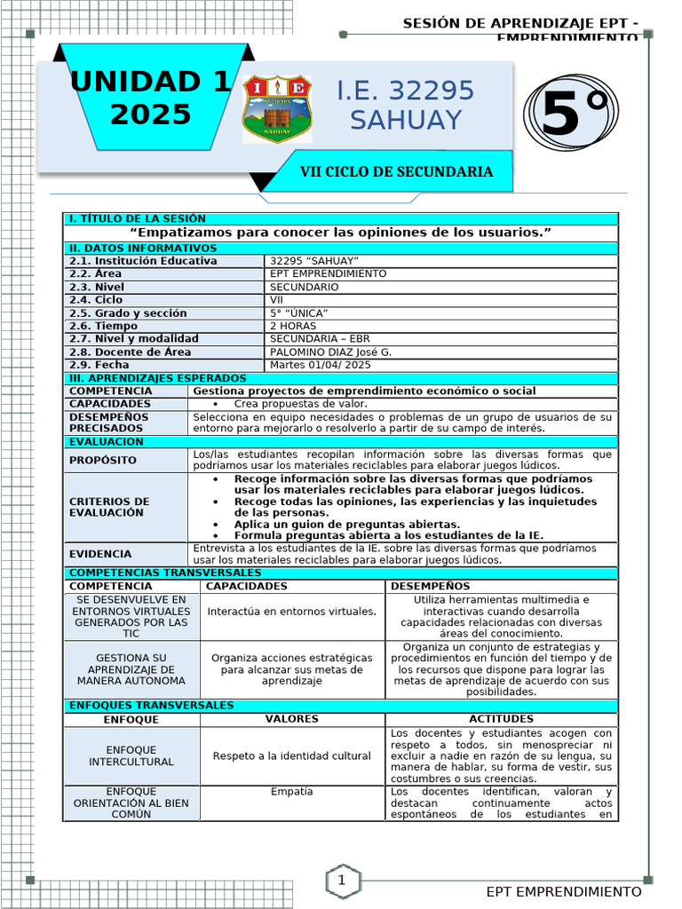 5° Sesion Sem 1 Uni 1 - Ept Emprendimiento 2025 | PDF | Aprendizaje | Enseñando