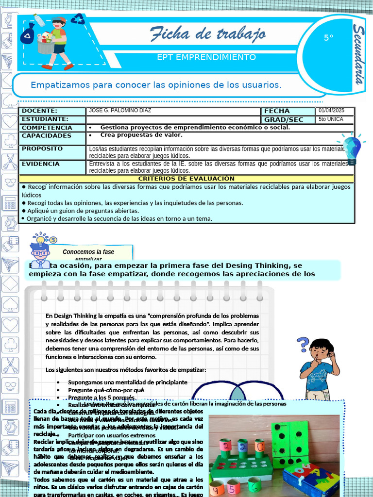 Ficha de Actividad Ept Emprendimiento 5° - Semana 1 | PDF | Reciclaje | El plastico