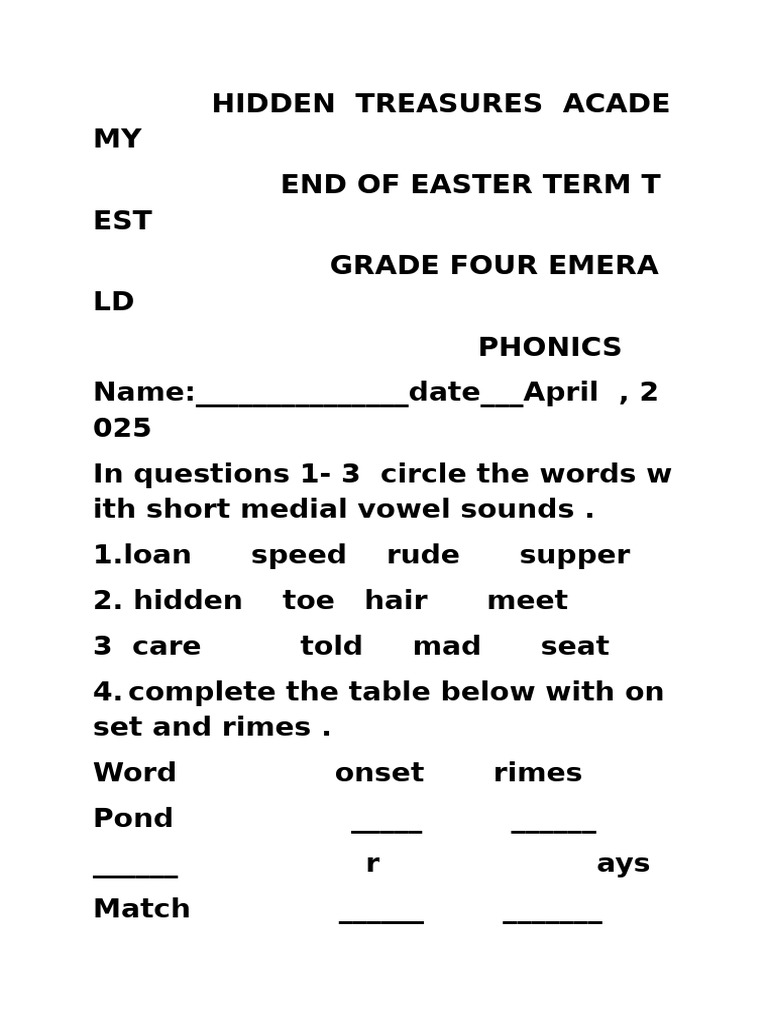 Grade Four Phonics Test Template | PDF