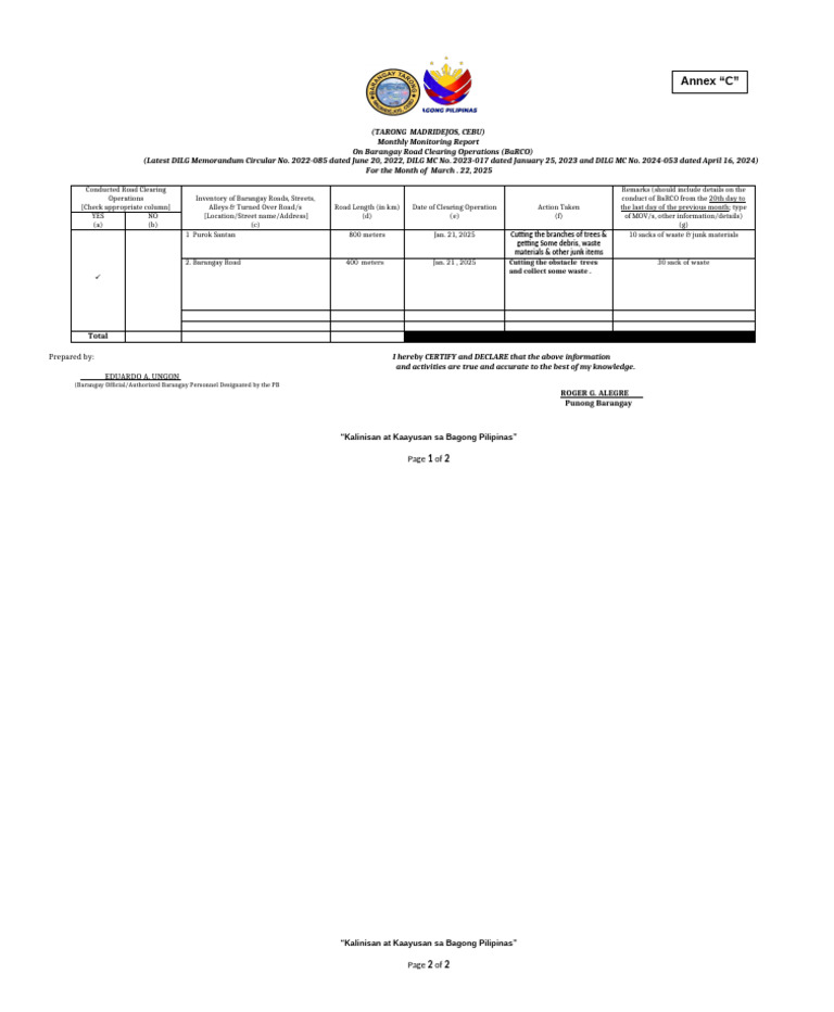 Monthly Barangay Road Clearing Report | PDF