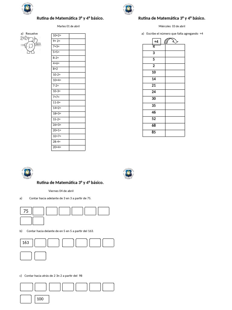 Rutina de Matemática 3° y 4° 1 semana de abril | PDF