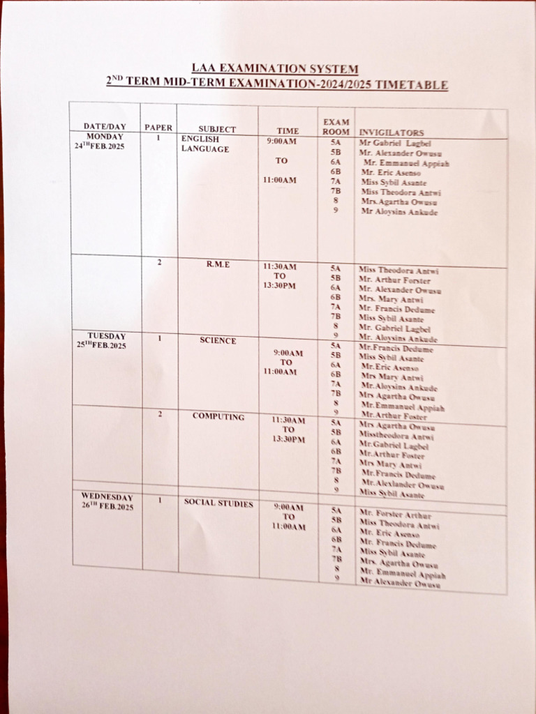 LAA 2024/2025 Mid-Term Exam Timetable | PDF